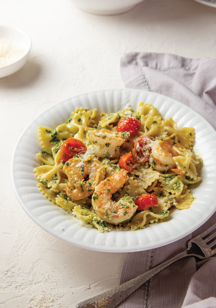 Best of Bridge Bowtie Shrimp & Pesto Pasta – Relish Cooking Studio